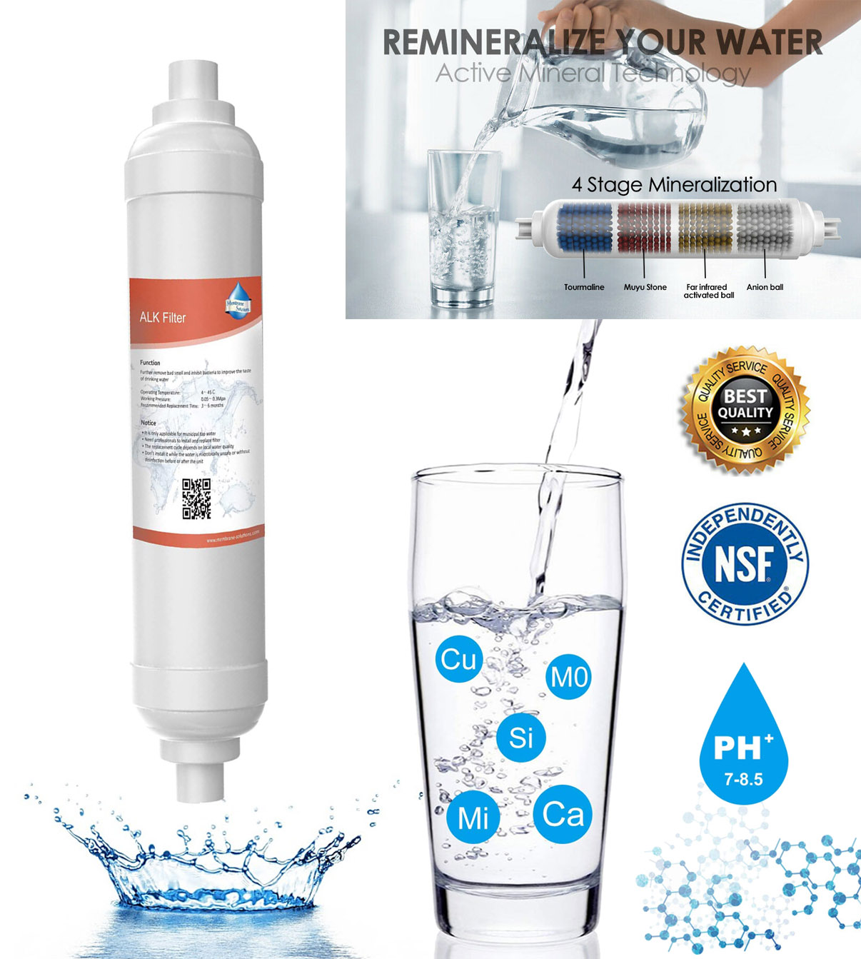10" Alkaline Water Filter pH+ Replacement Alkaline Filter for 6-Stage ...