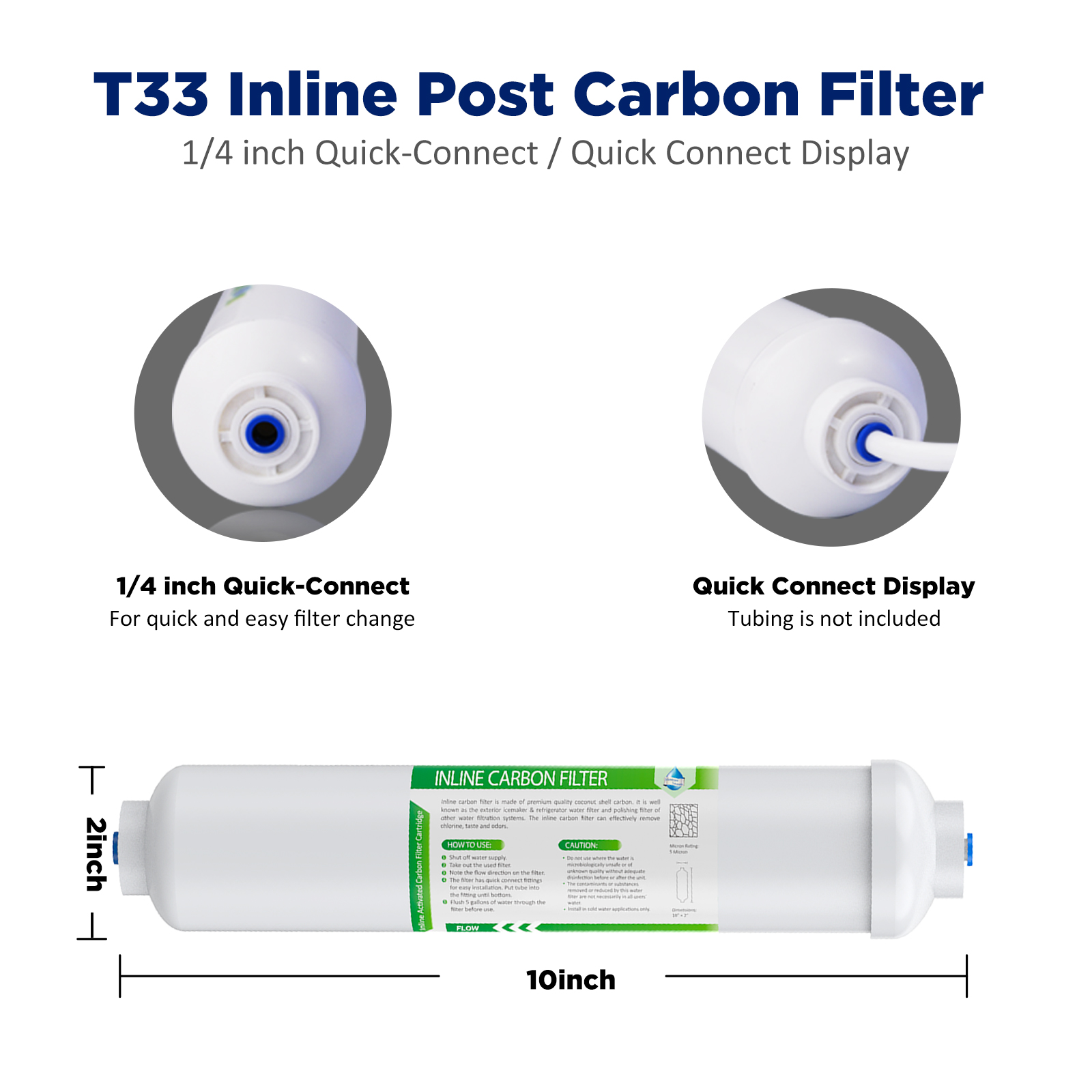 10"x2" 1/4" FNPT/Quick Connect T33 Inline Post Carbon Water Filter ...