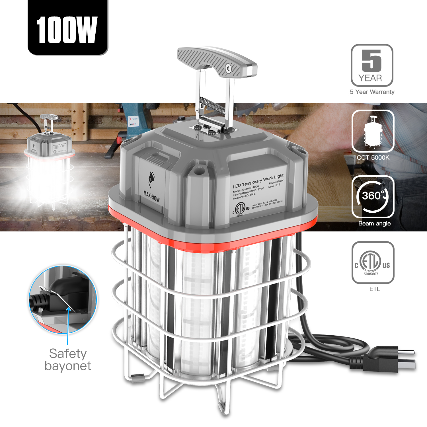 100W LED Temporary Work Light 5000K 14000Lm Corded Portable Linkable ...