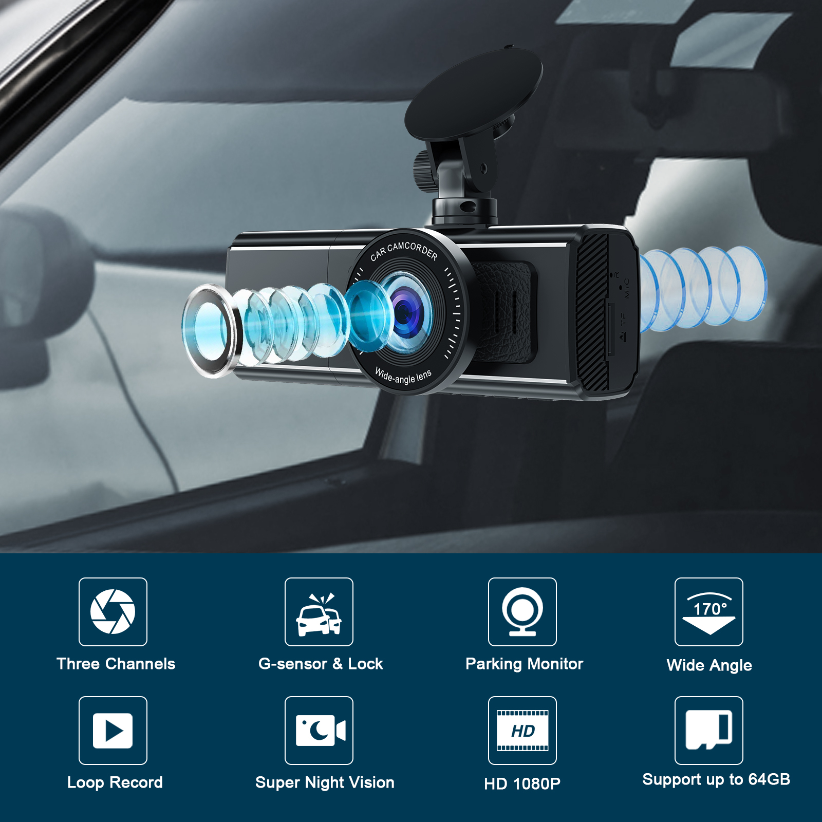 XGODY 3 Channel 1080P Dash Cam Car Video Recorder IR Night Camera for ...