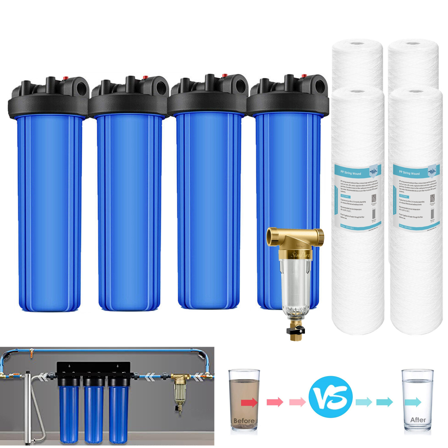 20" x 4.5" Big Blue Whole House Water Filter Housing System Sediment ...