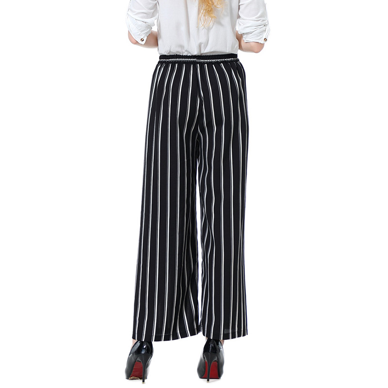 Womens Wide Leg Pants Solid/Stripe Loose Casual Elastic Waist Long ...